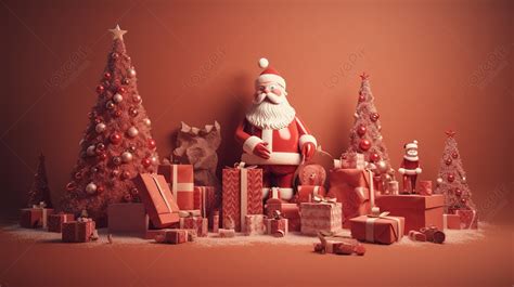 3d 렌더링된 산타클로스 배경을 갖춘 빨간 크리스마스 트리 및 선물 상자 장식 리스 배경 겨울 휴가 배경 빨간색 배경 이미지 Hd 리스 겨울 휴가 빨간색 배경