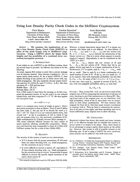 Pdf Using Low Density Parity Check Codes In The Mceliece Cryptosystem
