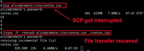 how to resume a large scp file transfer on linux
