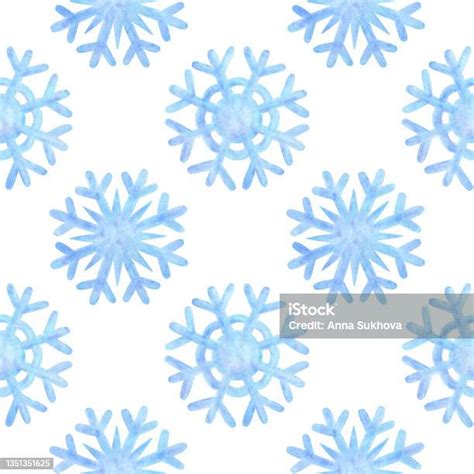파란색의 수채화 눈송이와 매끄러운 패턴 큰 눈 그림과 흰색 배경 직물 섬유 벽지 포장 인쇄를위한 겨울 샘플 물방울 무늬 장식 0명에 대한 스톡 벡터 아트 및 기타 이미지