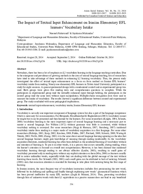 Pdf The Impact Of Textual Input Enhancement On Iranian Elementary Efl Learners Vocabulary Intake