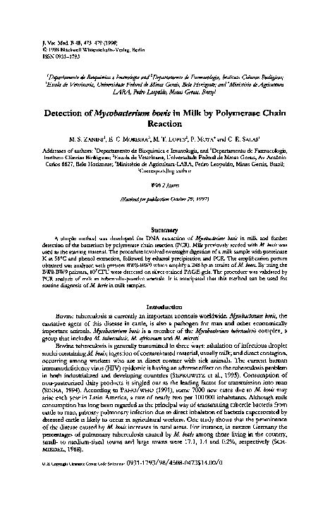 Pdf Detection Of Mycobacterium Bovis In Milk By Polymerase Chain Reaction