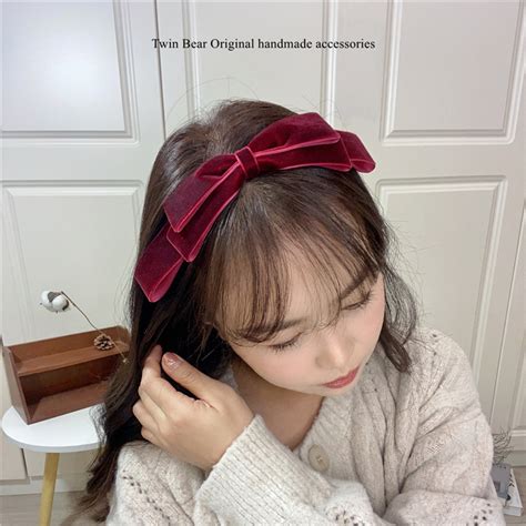 黑色酒红色丝绒秋冬可爱百搭轻奢发箍压发韩版蝴蝶结头箍发卡虎窝淘