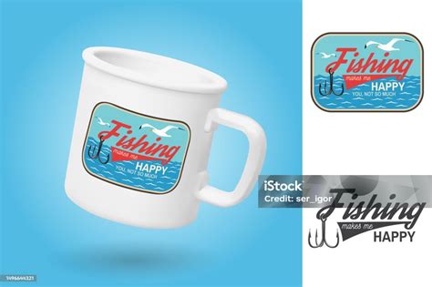 화이트 캠핑 컵 샘플 디자인이 있는 현실적인 머그 모형 템플릿입니다 낚시는 당신을 행복하게 만듭니다 벡터 그림입니다 셔츠 또는