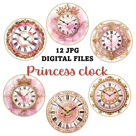 12  Pink Princess Clock Faces 32 Inch Circles Digital Collage