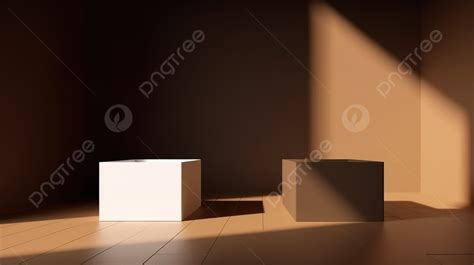두 개의 흰색 큐브가 갈색 그림자 방에 함께 앉아 있습니다 갈색 방에 있는 두 개의 정사각형 연단의 3d 렌더링 창 배경에서 그림자 쇼 제품 목업 배경 일러스트 및