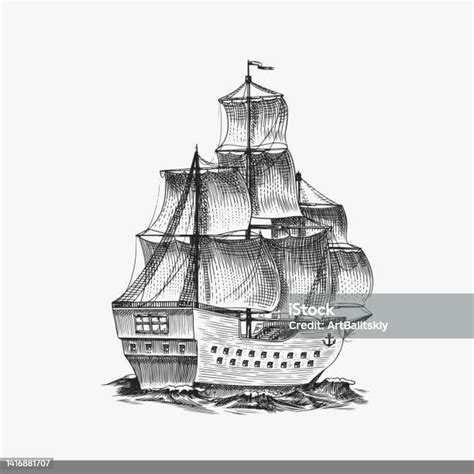 바다에서 범선 여름 모험 활동적인 휴가 해상 선박 해상 선박 또는 해상 캐러벨 선원과 선장을위한 바다에서의 물 수송 빈티지 스타일로 그려진 손으로 새겨 져 있습니다