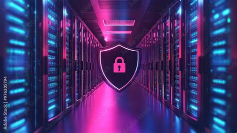 Server Room With Glowing Shield Lock Symbol Represents Data Security Encryption And Protection
