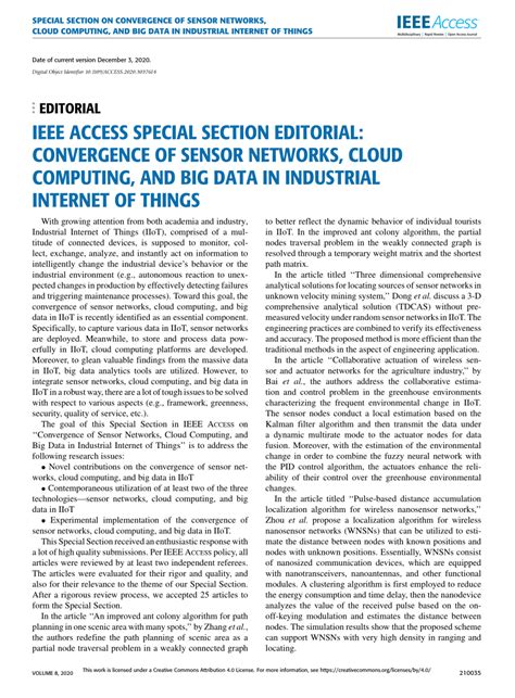Pdf Ieee Access Special Section Editorial Convergence Of Sensor Networks Cloud Computing