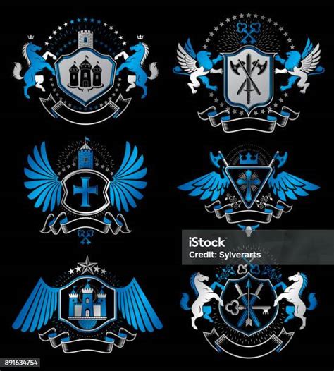 명품 전 령 벡터 템플릿 집합입니다 벡터 기호 Blazons 그래픽 요소 로얄 크라운 중세 성곽 병기 및 종교 십자가 사용 하