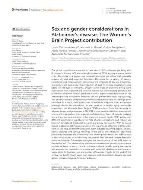Sex And Gender Considerations In Alzheimers Disease The Womens Brain