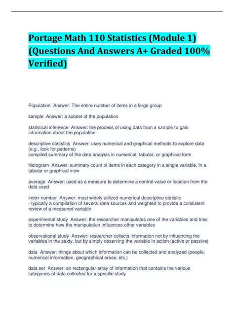 Portage Math 110 Statistics Module 1 Questions And Answers A Graded 100 Verified Portage