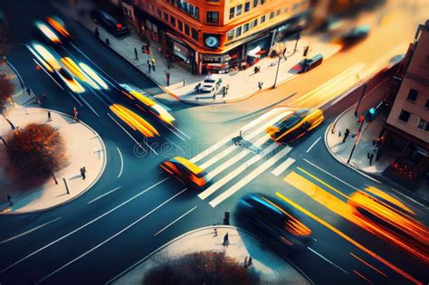 City Street Intersection With Blurred Traffic Giving A Sense Of