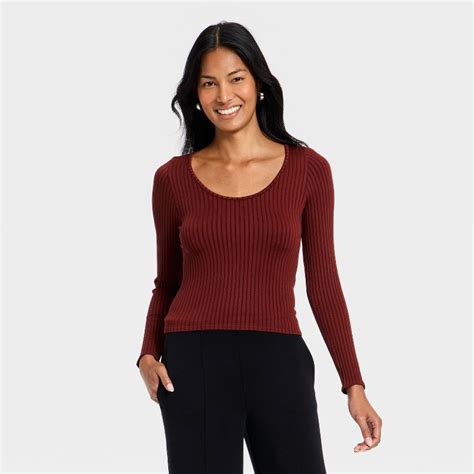 Womens Slim Fit Ribbed Seamless Long Sleeve Top A New Day™ Maroon Xl