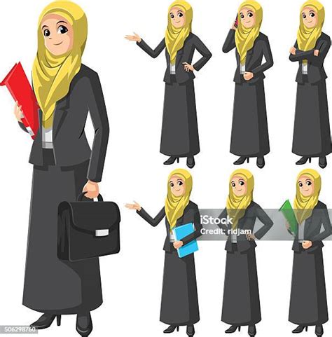 세트마다 현대적이다 이슬람교도 여성사업가인 안전띠를 옐로우 면사포 또는 스카프 가방에 대한 스톡 벡터 아트 및 기타 이미지