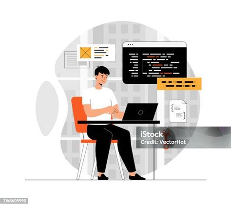 software development coding backend engineering or programming illustration with people scene in
