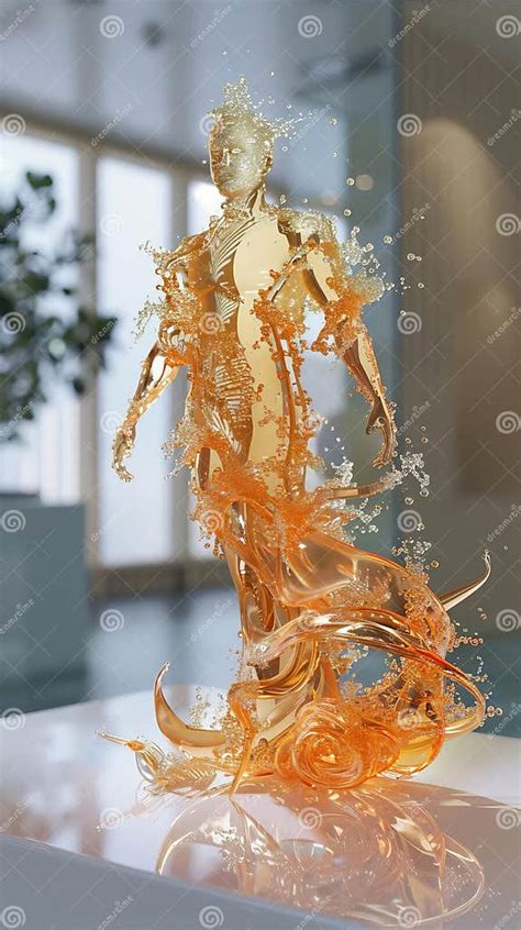 Photorealistic Render Of A Translucent Amber Colored Humanoid Figure Made Of Liquid Standing On