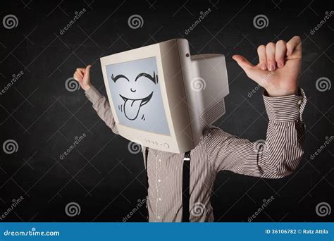 Happy Business Man With A Computer Monitor And A Smiley Face Stock Photo Image Of Cute Energy