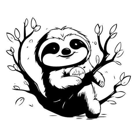 Милый мультфильмный ленивец сидит на дереве Векторная иллюстрация Премиум векторы