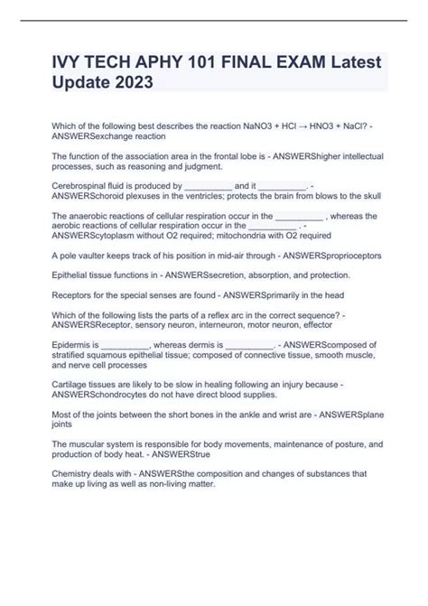 Ivy Tech Aphy 101 Final Exam Latest Update 2023 Aphy 101 Stuvia Us