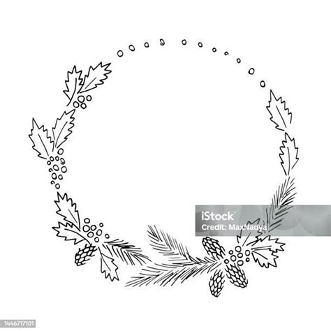 간단한 검은 윤곽선 벡터 그리기입니다 크리스마스 화환 침엽수 림 열매와 홀리 잎의 둥근 프레임 새해 디자인 라벨 엽서 잉크 스케치 0명에 대한 스톡 벡터 아트 및 기타