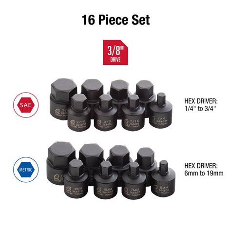 Sunex Tools 3646 3 8 In Drive Stubby Impact Hex Driver Sae And Metric Set 16 Piece