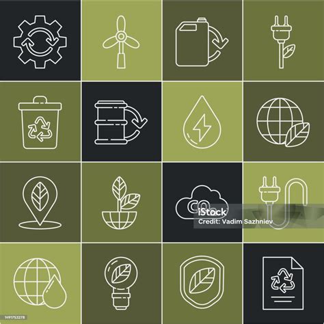 재활용 전기 플러그 지구 지구 및 잎 에코 연료 용기 배럴 휴지통 기어 화살표를 워크플로 및 물 에너지 아이콘으로 라인 용지를