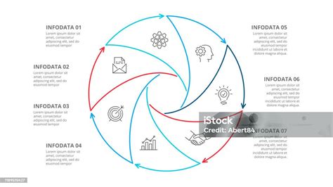 인포그래픽의 가는 선 플랫 요소입니다 다이어그램 그래프 프리젠 테이션 및 차트에 대한 템플릿 7가지 옵션 부품 단계 또는 프로세스를 갖춘 비즈니스 개념 0명에 대한 스톡
