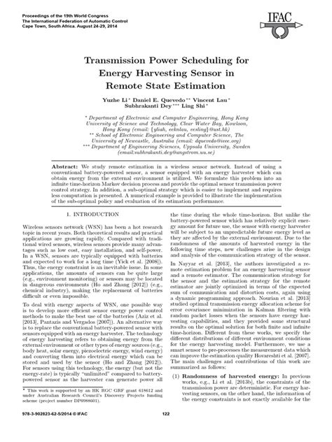 Transmission Power Scheduling For Energy Harvesting Sen 2014 Ifac Proceeding Pdf Kalman