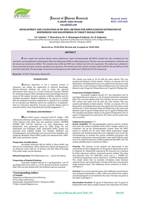 Pdf Development And Validation Of Rp Hplc Method For Simultaneous Estimation Of Risperidone