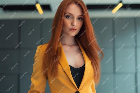 Confident Female Redhead Enjoying The Matching Suit Skirt And