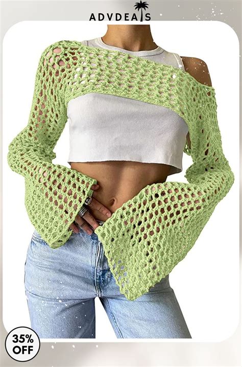 Women Y2k Long Sleeve Crochet Knit Crop Top Blue Shrug Artofit
