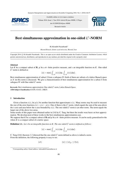Pdf Best Simultaneous Approximation In One Sided L 1 Norm