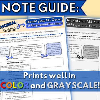Identifying All Zeros Of A Polynomial Function Note Guide Algebra