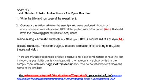 Chem 3bl Lab I Azo Dyes Notebook Setup Instructions Studocu