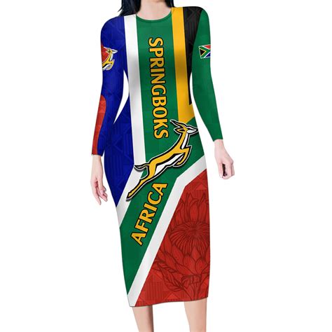 South Africa Springboks Long Sleeve Bodycon Dress With Kente Pattern