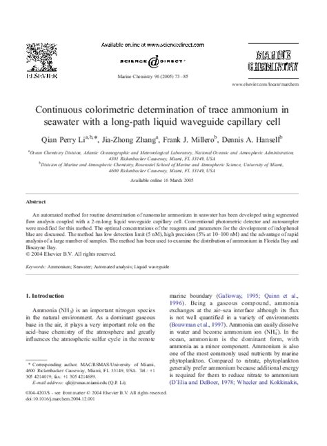 Pdf Continuous Colorimetric Determination Of Trace Ammonium In Seawater With A Long Path
