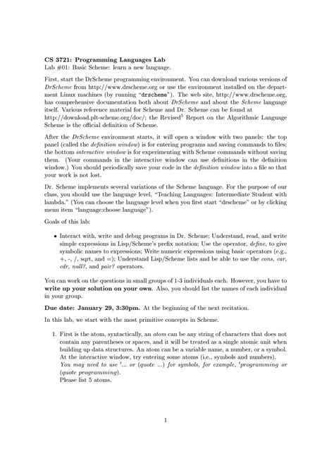 Lab 1 Basic Scheme Learn A New Language Cs 3723 Docsity