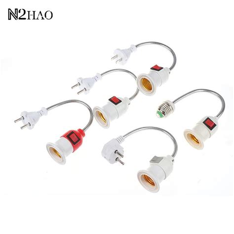 Eu 플러그 스테인리스 스틸 E27 램프 베이스 변환 Led 조명 벽 유연한 램프 홀더 컨버터 스위치 Led 헤드 전구 소켓 포함 Aliexpress