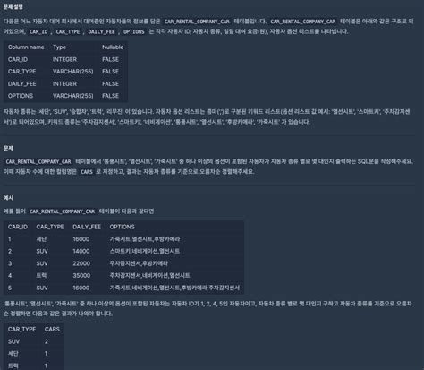 Sql 고득점 Kit Group By Level 2 자동차 종류 별 특정 옵션이 포함된 자동차 수 구하기