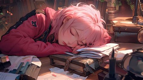 Обои на рабочий стол Девушка с розовыми волосами спит положив голову на книгу обои для рабочего