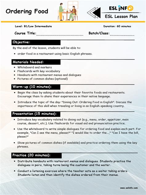 Unit 04 Ordering Food Esl Lesson Plans For Adult Esl Learners Pdf Menu English As A