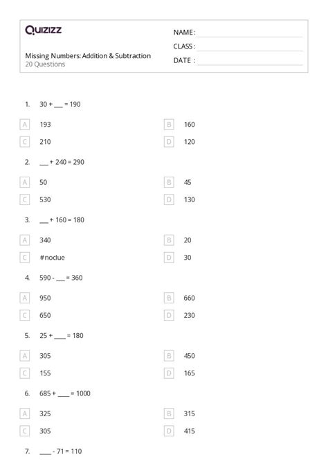 50 Subtraction And Missing Numbers Worksheets For 5th Grade On Quizizz