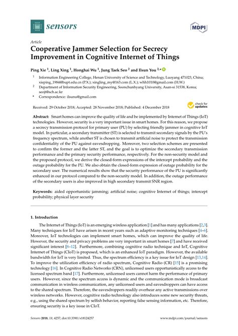 Pdf Cooperative Jammer Selection For Secrecy Improvement In Cognitive Internet Of Things