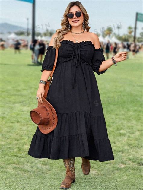 Shein Vcay Plus Size Solid Color Off Shoulder Cinching Waist Maxi Dress