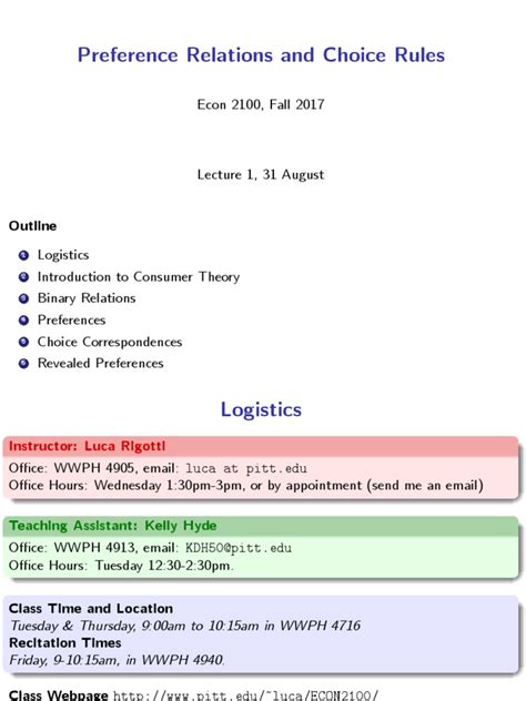 Lecture 01 Preference Relations And Choice Rules Pdf Utility