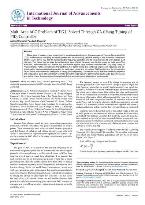 pdf multi area agc problem of t g u solved through ga using tuning of pid controller