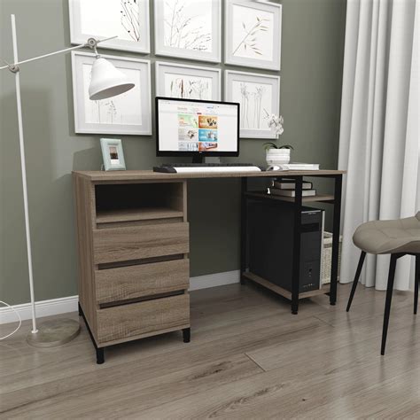 ⭐ Довгий прямий лофт компютерний стіл для ПК з нішею для системного блока і тумбою з шухлядами