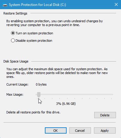 Make System Restore In Windows Use Less Disk Space
