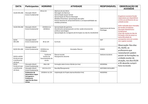 Cronograma De Formações Com Professores Da Rede Municipal De Ensino De
